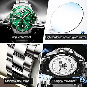 OLEVS Luxury Stainless Steel Watch With Date, Green And Silver,Dress Watches Waterproof ,Business Big Quartz Watch,Mens Fashion Watch relojes de hombre