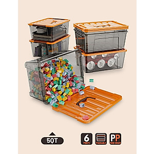 WYT 5-Quart Small Storage Container Bin with Orange Secure Lid and Black Clear Latch Buckles, Durable Plastic Stackable Nestable Organizin, 6-Pack