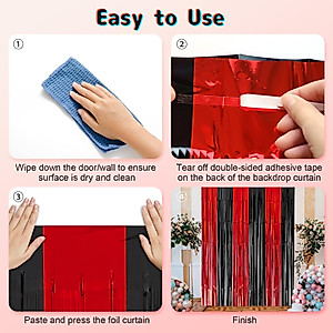 Merear Backdrop for Party Decorations, 3 Pack Black and Red Foil Fringe Curtains Party Decor 8.2 * 3.3 FT Tinsel Streamers Birthday Party Decorations Photo Fringe Backdrop for Party, Graduation