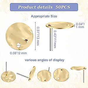 50 Pieces Flat Round Ear Studs Earring Posts with Loop Hole Coin Jewelry 13.0 mm Gold Plated Disc Charms Earring for DIY Earrings Craft Making Supplies for Women Girls (KC Gold)