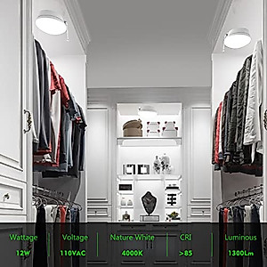 bulbeats 7” Modern LED Ceiling Light with Pull Chain 12W 4000K, 1300lm, 125W E26 Bulb Replacement, Energy Saving Flush Mount Lighting for Closets/Bedroom/Corridor (2 Pack)