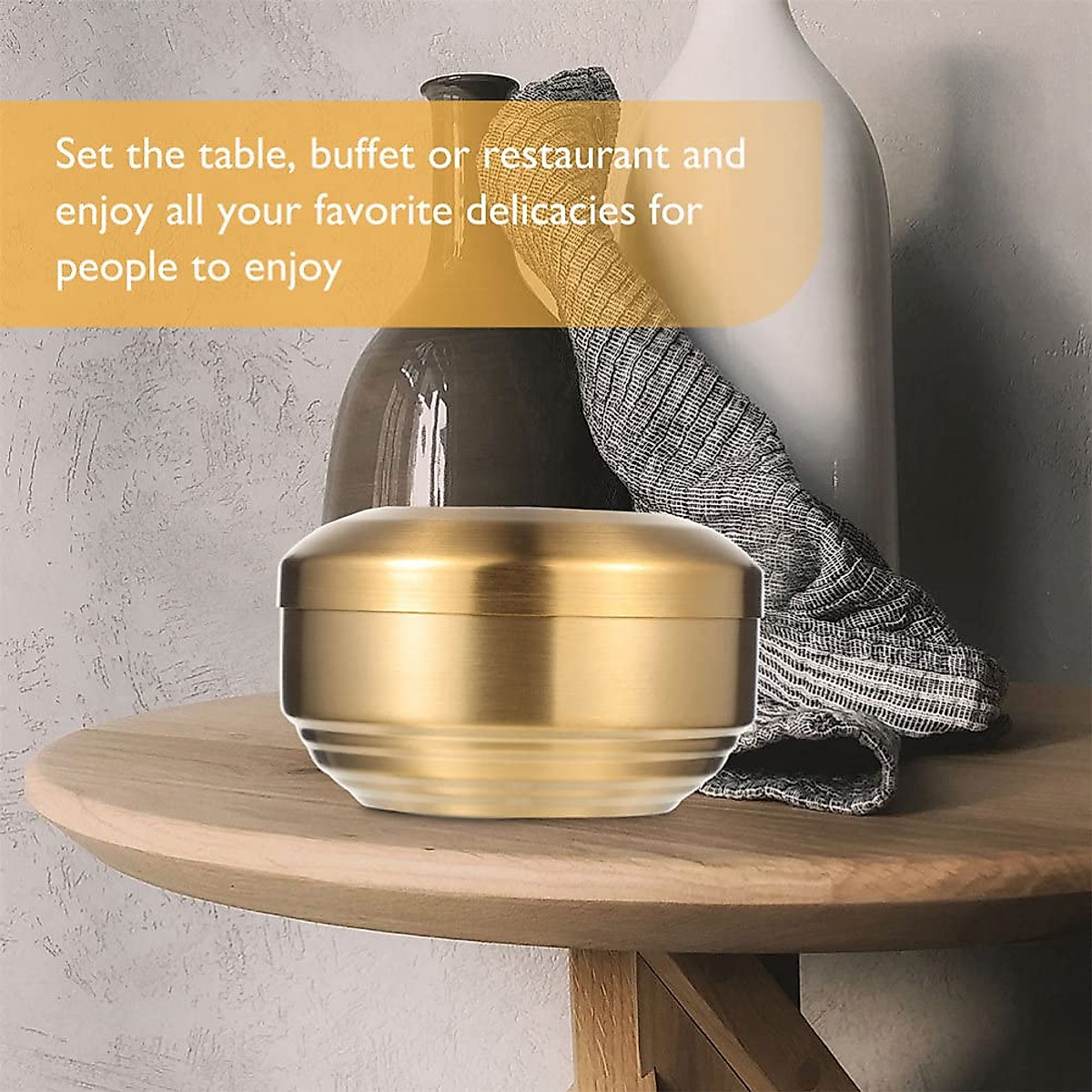 SHERCHPRY Soju Korean Liquor 2 Pcs Korean Stainless Steel Rice Bowl with Lid Soup Bowl Metal Cereal Bowl Ice Cream Snack Bowl for Kitchen Restaurant Golden 11.5cm