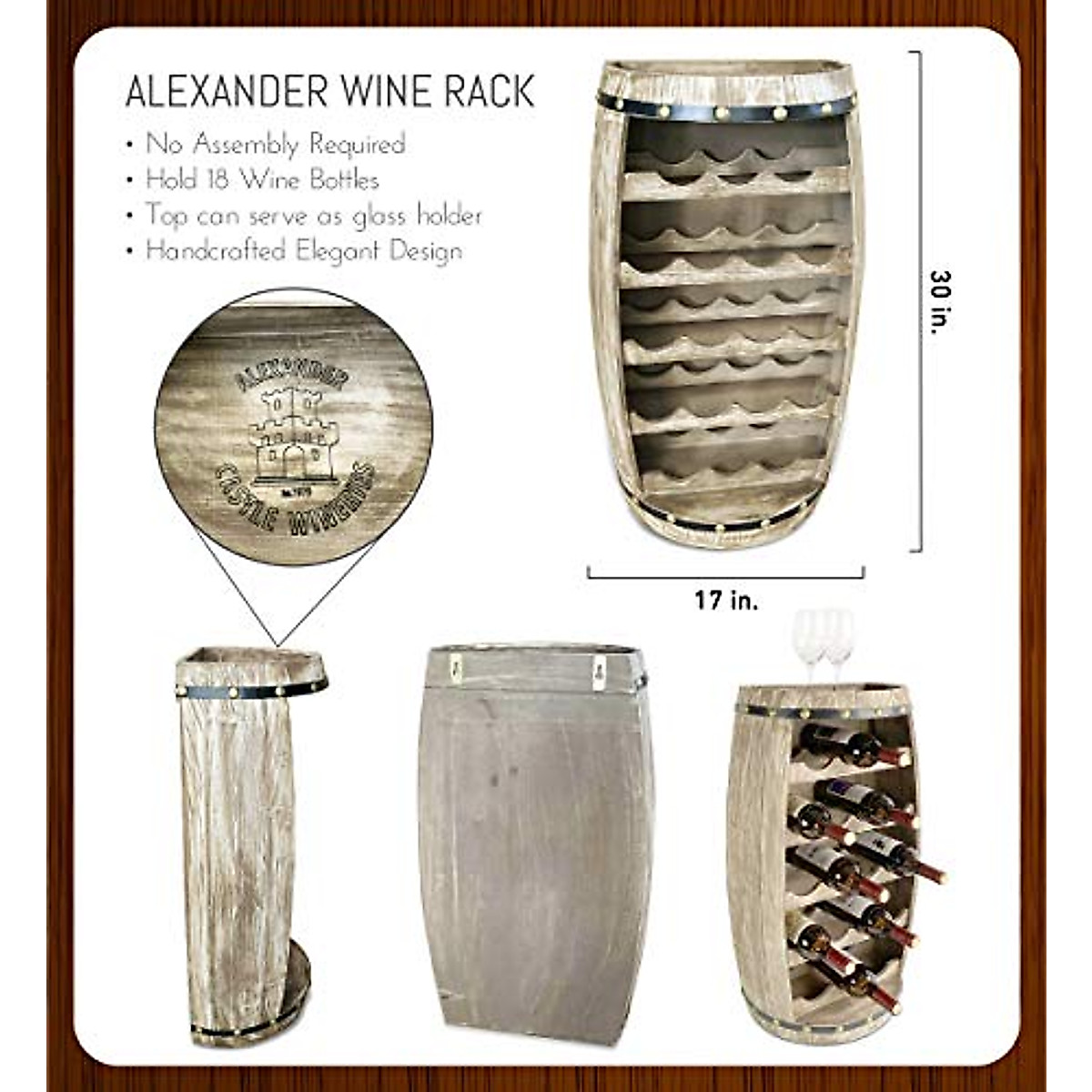 CoTa Global Modern Alexander Wall Mounted Wine Rack - 18 Wine Bottles Freestanding Wooden Barrel Wine Holder, Hanging Bottle Rack or Floor Stand, Wine Storage Shelf Organizer for Wine Bar, Home Décor