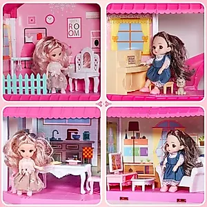 Doll House, Dream House for Girls 3 Stories 7 Rooms Dollhouses with 3 Dolls Toy Figures, Swim Pool, Slide, Furniture and Accessories, Pretend Playhouse Gift Toy for Kids Ages 3 4 5 6 7 8+