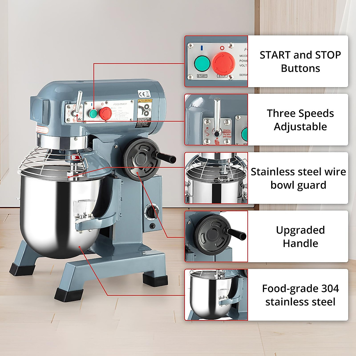 Towallmark Commercial Food Mixer, Commercial Mixer 15QT 600W with Stainless Steel Bowl, 130/233/415RPM 3 Speed Heavy Duty Stand Food Mixer Commercial for Bakery Pizzeria Restaurant