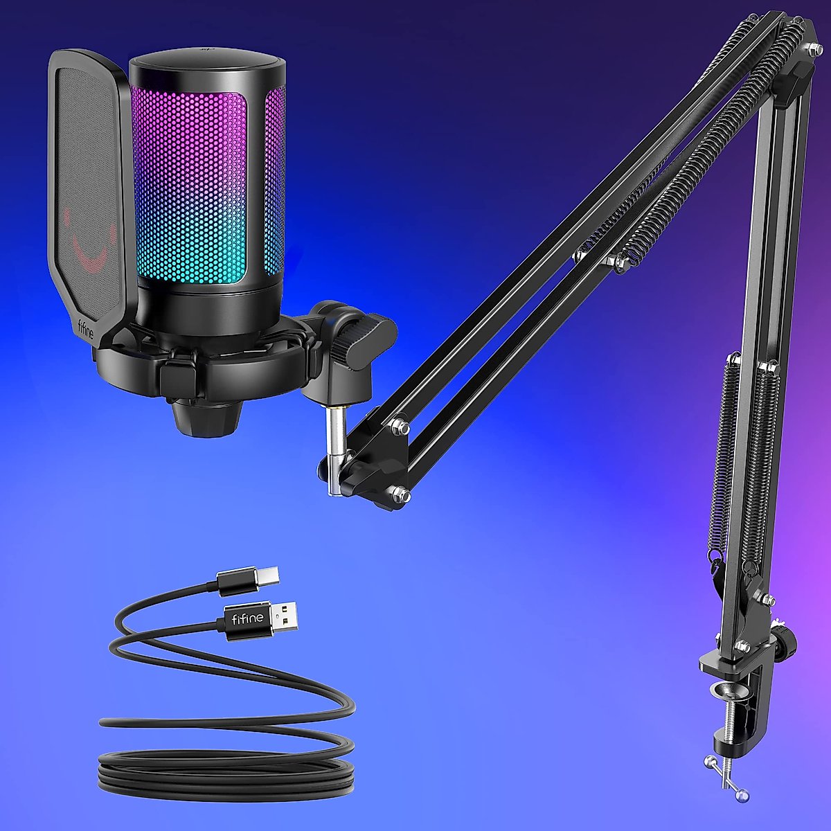 FIFINE Gaming PC Microphone with Boom Arm for Computer Bundle, RGB Mic with Mute Button for Streaming Online Chat Gamer Youtuber Set-AmpliGame (A6T+U1)