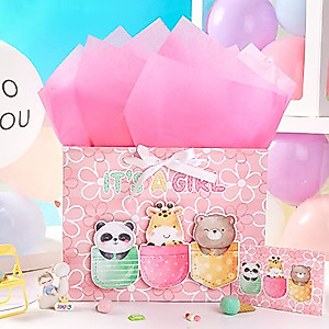 Loveinside Baby Girl Gift Bag Pink Animal Design with Tissue Paper and Greeting Card for Baby Shower, New Parents, and More - 13" x 10" x 5", 1 Pcs