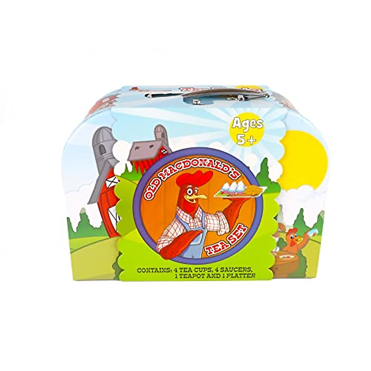 Regal Games Old Macdonald’s Tea Time - Barnyard Animal Designed Kid's Tea Time Set - includes 1 Teapot, 4 Cups, 4 Saucers, 1 Platter & Storage Case - Ideal Birthday & Easter Gift for Ages 5+