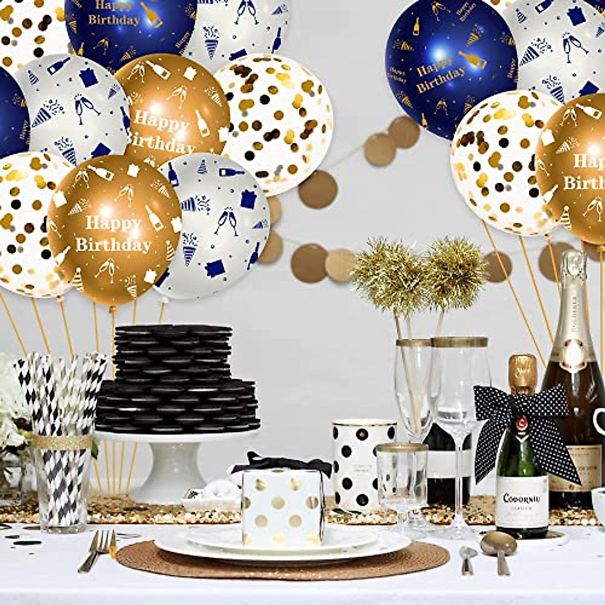 WATINC 36Pcs Navy Blue and Gold Happy Birthday Balloons, Sequin Confetti Latex Balloon Party Decor Photo Booth Prop Background Decoration for Kids Boy Girls Classroom Home Wall Baby Shower (12 Inch)