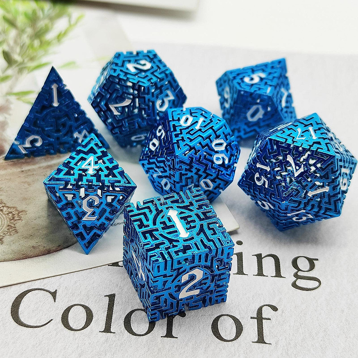DND Polyhedral Hollow Metal Dice Set RPG Maze Design D&D Dungeons and Dragons D and D MTG Weighted Pathfinder Board Game D4 D6 D8 D10 D% D12 D20 (with Free Metal Storage Box) Dice-Blue