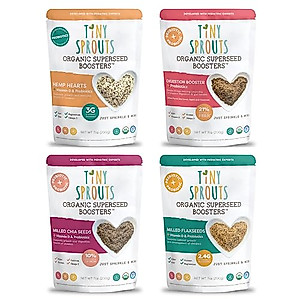 Tiny Sprouts Foods Organic Superseed Boosters with VITAMIN D + PROBIOTICS High OMEGA 3s Fiber Protein Iron Magnesium Designed for Babies Toddlers & Kids Gluten-free Vegan Non GMO (7oz x 4Variety Pack)