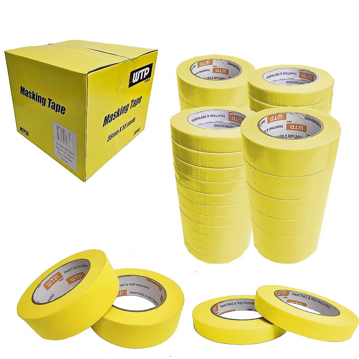 WTP TOOLS Automotive Masking Tape Yellow Color 36mm 1 1/2" 18mm 3/4" Box (36mm (1 1/2") x 24pcs Box)