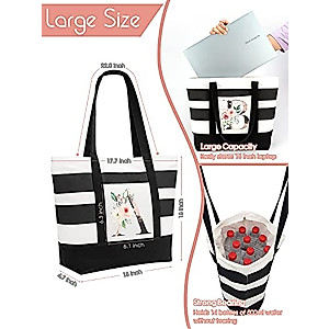 PARBEE Initial Canvas Tote Bag, Stripe & Floral Monogrammed Tote Bag with Pocket Top Zipper, Large Beach Bags Monogram Gift for Women Bridal Shower Wedding Birthday Mom Teachers, B