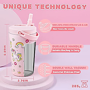Opreine Kids Tumbler with Lid and Straw, 14oz Insulated Water Bottle with Straw, Stainless Steel Kids Cup for Girls, Double Wall Vacuum Thermos Water Bottle for School Sports Travel, Pink Unicorn