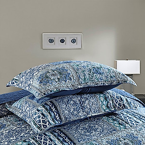 NEWLAKE Cotton Bedspread Quilt Sets-Reversible Patchwork Coverlet Set, Blue Classic Bohemian Pattern,Queen Size