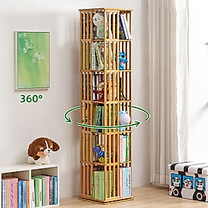 FLTRGO 6-Tier Corner Book Shelf, Student Bookshelf, 360° Bamboo Rotating Storage Display Rack Standing Shelves with Open Design Shelving for Living Room Study Room Office, Natural