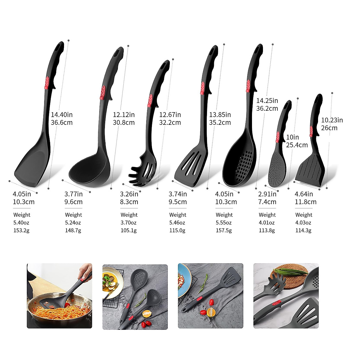 Silicone Kitchen Utensili 7-Pcs, BPA Free Silicone Cooking Set, for Nonstick cookware Heat Resistant Spatula set, Colander, Turner, Spoon, Pasta Server, Spatula Dishwasher safe