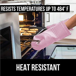 GORILLA GRIP BPA-Free Soft Silicone Oven Mitts, Heat and Slip Resistant Thick Cotton Lined Cooking Mitt Set, Long Flexible Potholders Protect Hands, Kitchen Essential Waterproof Gloves, 12.5" Pink
