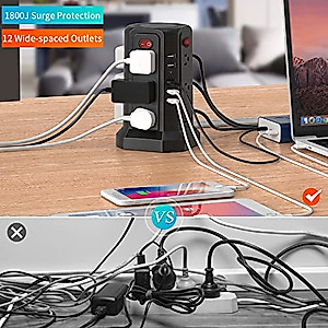 Power Strip Tower Surge Protector, 16.4 FT Extension Cord with 12 AC Outlets 5 USB Charging Ports Desktop Charging Tower Station for Multiple Devices for Home Office Dorm Room Black
