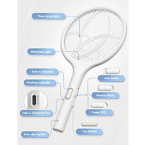 YISSVIC Electric Fly Swatter 4000V Bug Zapper Racket Dual Modes Mosquito Killer with Purple Mosquito Light Rechargeable for Indoor Home Office Backyard Patio Camping