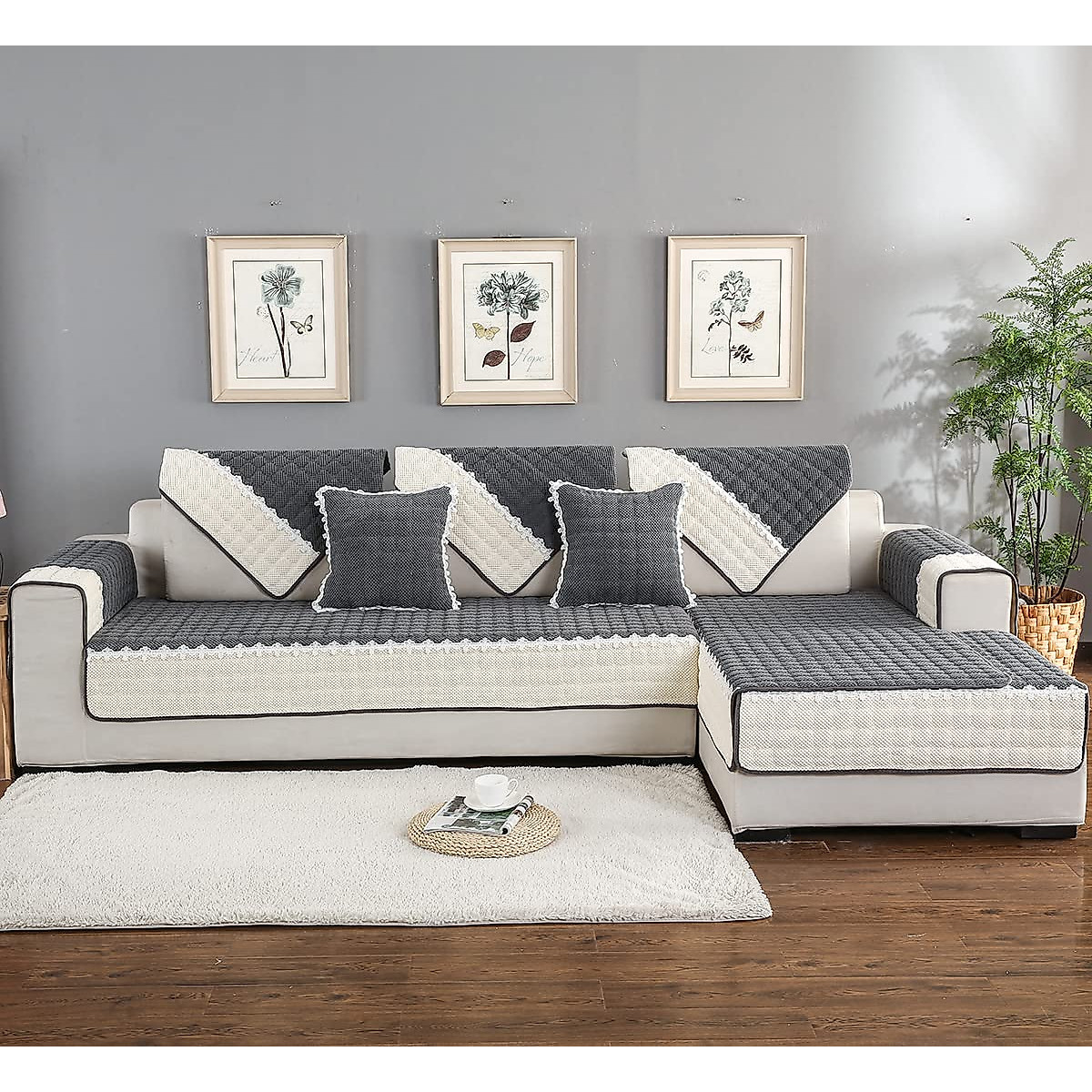 vctops Soft Corduroy Sofa Couch Cover, Plaid Sectional Couch Covers, Non-Slip Sofa Slipcover for Dogs Cats Kids(Dark Grey,36"x63")