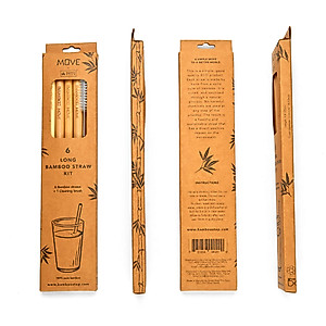 Bamboo Step - 6 LONG Bamboo Straw kit - “Bamboo MOVE” Line: 6 reusable 9.9" (25cm) Bamboo Straws and a cleaning brush in a kraft paper box. 3 Different Diameter Sizes included.