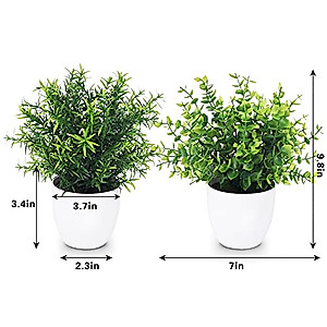 Whonline 2pcs Small Fake Plants, Mini Artificial Potted Plants, Faux Plants with Plastic Eucalyptus and Rosemary Leaves for Bathroom Shelf Home Table Desk Office Greenery Decorations