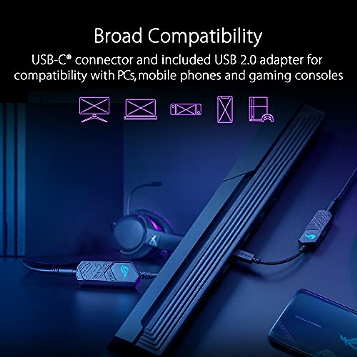 ASUS ROG Clavis USB-C Gaming DAC (ESS 9281 QUAD DAC amplifier, AI Noise-Canceling Mic, MQA Rendering, Aura Sync RGB, Compatible with PC, mobile, PlayStation 5, and Switch)