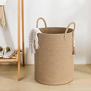 Goodpick Jute Woven Blanket Basket Decorative Storage Basket for Towels, Shoes, Toys, Tall Laundry Basket for Living Room, Bedroom, Round Wicker Basket 16 x 20 Inches, Black and Jute
