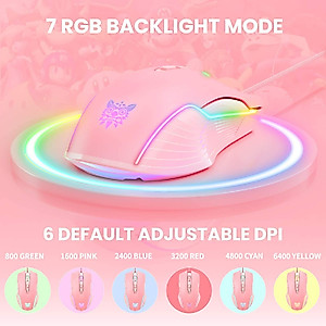 SIMGAL RGB Gaming Mouse Wired, USB Optical Computer Mice with RGB Backlit, 6 Adjustable DPI Up to 6400, Ergonomic Gamer Laptop PC Mouse with 7 Programmable Buttons for Windows Vista Linux (Pink)