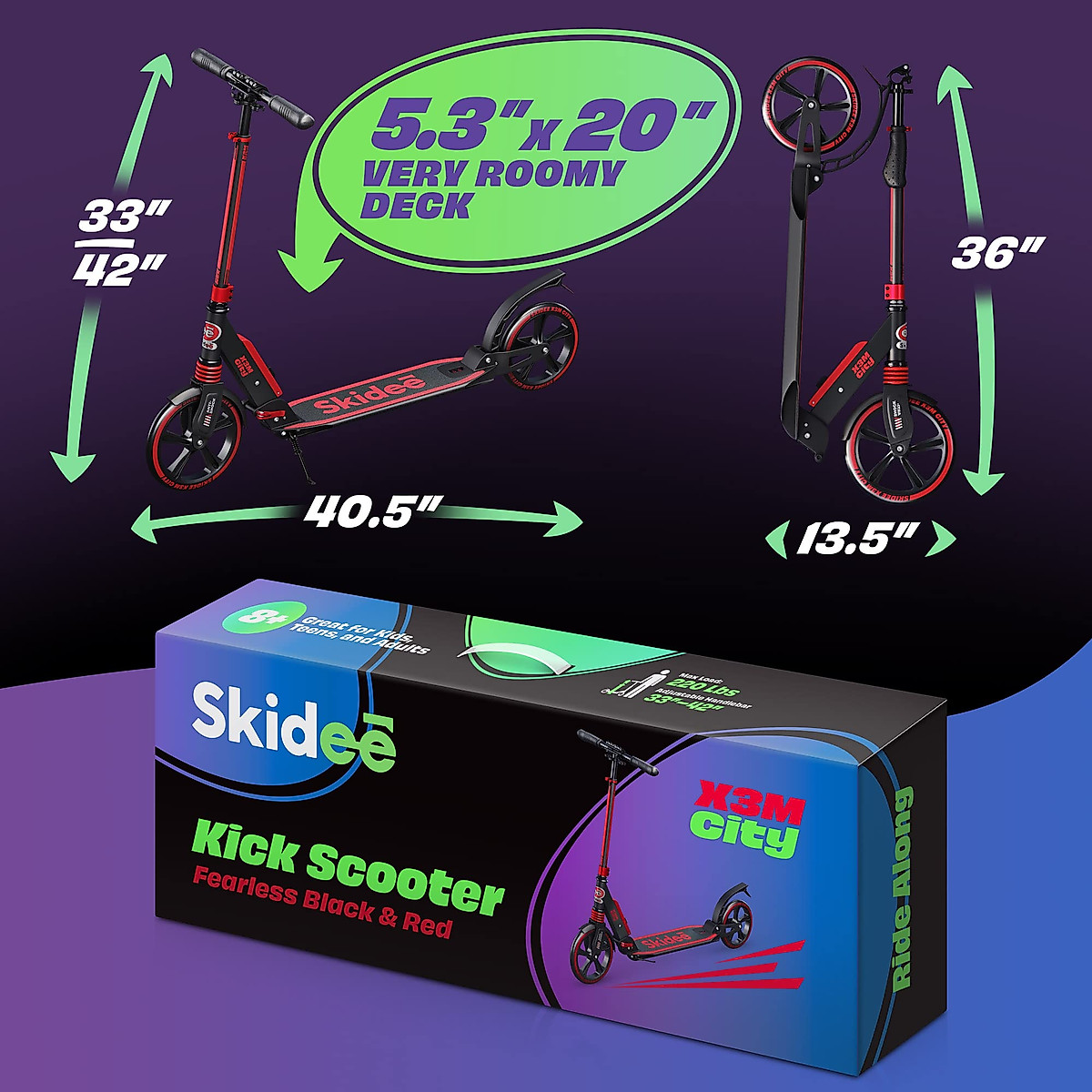 Scooter for Kids Ages 6-12 - Scooters for Teens 12 Years and Up - Adult Scooter with Anti-Shock Suspension - Scooter for Kids 8 Years and Up with 4 Adjustment Levels Handlebar Up to 41 Inches High