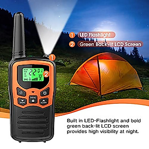 Walkie Talkies, MOICO Long Range Walkie Talkies for Adults with 22 FRS Channels, Family Walkie Talkie with LED Flashlight VOX LCD Display for Hiking Camping Trip (Orange 2 Pack)