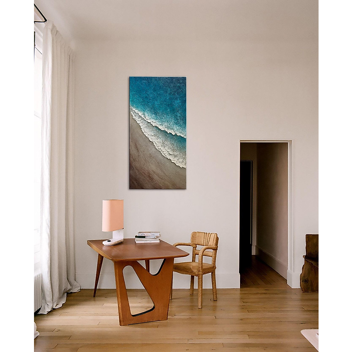 Blue Ocean Sea Wall Art Seaside Hand Painted Oil Painting on Canvas Large Beach Pictures Modern White Wave Artwork for Bedroom Home Office Decor