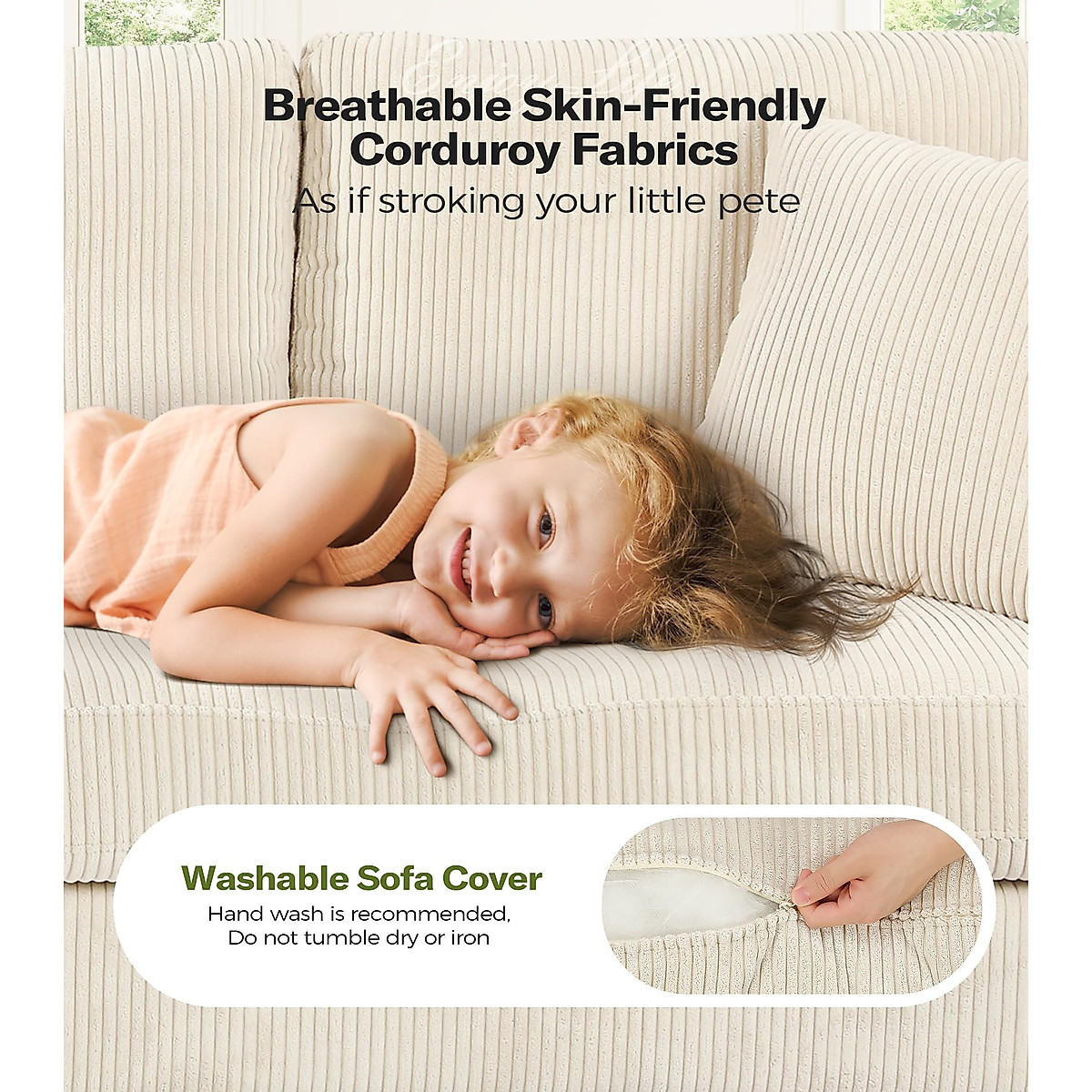 Kidirect 87in Beige White Sofa, Couches for Living Room 21in Extra Deep Seats, Comfy Corduroy Sofas for Living Room No Tool Assembly, Modern Oversized Love Seat with 2 Pillows, Sofa Couch for Bedroom