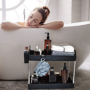 CAPHONT Under Sink Organizer Shelf 2 Pack, 2 Tier Under Bathroom Sink Organizers and Storage Multifunctional Under Cabinet Storage Rack with 8 Hooks & 2 Hanging Cups for Laundry Kitchen, Black