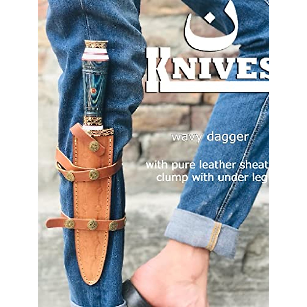 NoonKnives: custom Hand Made Damascus Steel Collectible wavy dagger Knife (blue)