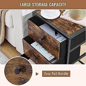 Gewudraw Nightstand with Drawers, Bedside Table with Storage, Sofa Couch Table Wooden End Table for Bedroom, Living Room, Rustic Brown