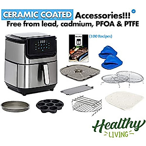 Yedi Evolution Air Fryer, 6.8 Quart, Stainless Steel, Ceramic Cooking Basket, with Deluxe Accessory Kit and Recipe Book