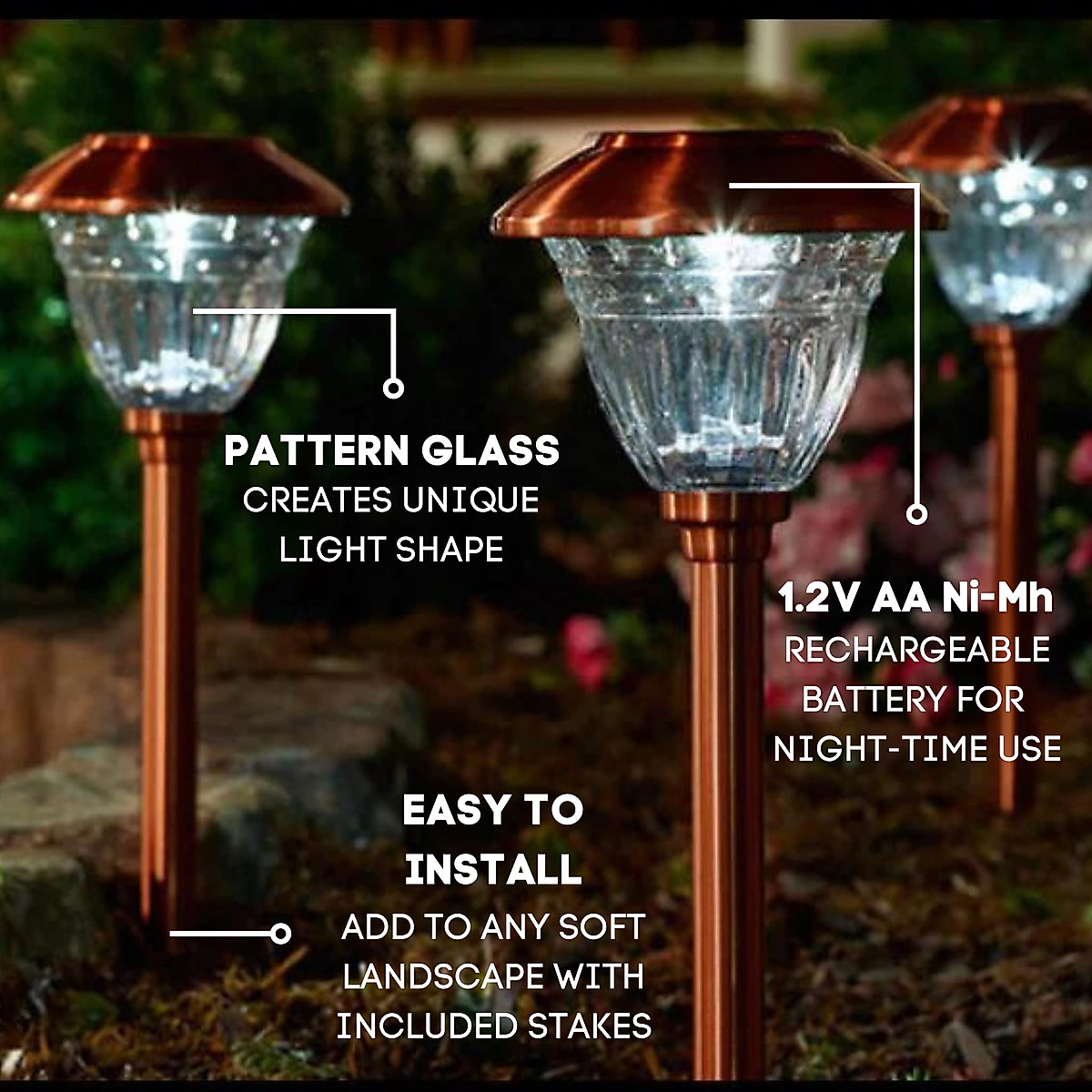 Energizer LED Solar Pathway Lights - 10 Pack of [Bronze] Outdoor Solar Lights - IP65 Waterproof w/Auto On/Off - Patterned Glass and Metal Construction Coated in Bronze