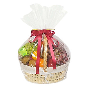 LWNIP 20 Pcs Clear Basket Bags, 22 x 28 Inches 2.3 Mils Thick Cellophane Wrap Bags for Baskets and Gifts, Ribbon Included