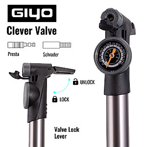 GIYO Mini Bike Pump with Gauge 2 Stage HP/HV 120 PSI Schrader & Presta Bike Tire Pump | Easy Inflation for Road & MTB | Frame Mount Included | Taiwan Made (GP-993)