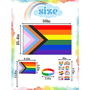 Abitoncc 91Pcs Gay Pride Accessories Stuff Set - Progress Pride Flag 3x5 Outdoor 24 Pack Mini Hand Held Small Pride Flags 24Pcs Pride Wristband Temporary Pride Tattoo Stickers Pride Stuff for Pride Month Outdoor Celebration Gay Progress Pride Party Favors