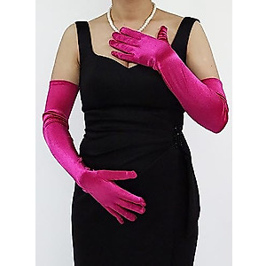WINROLA Long Opera Party 20s Satin Gloves Stretchy Adult Size Elbow Length Wedding Bridal Gloves Halloween Party Opera Costume (Hot pink, 21.6")