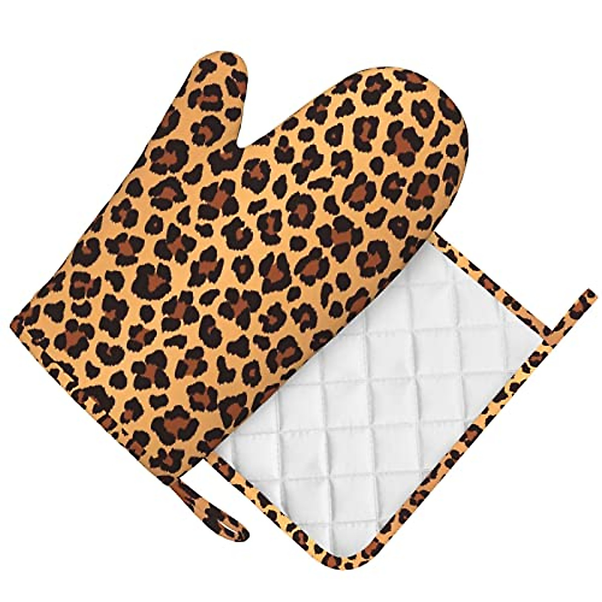 Leopard Pattern Silicone Oven Mitts Pot Holder Sets 2pcs Cute Design Washable Non Slip Kitchen Heat Resistant Mat Women's Cooking Gloves for Baking and BBQ Wear