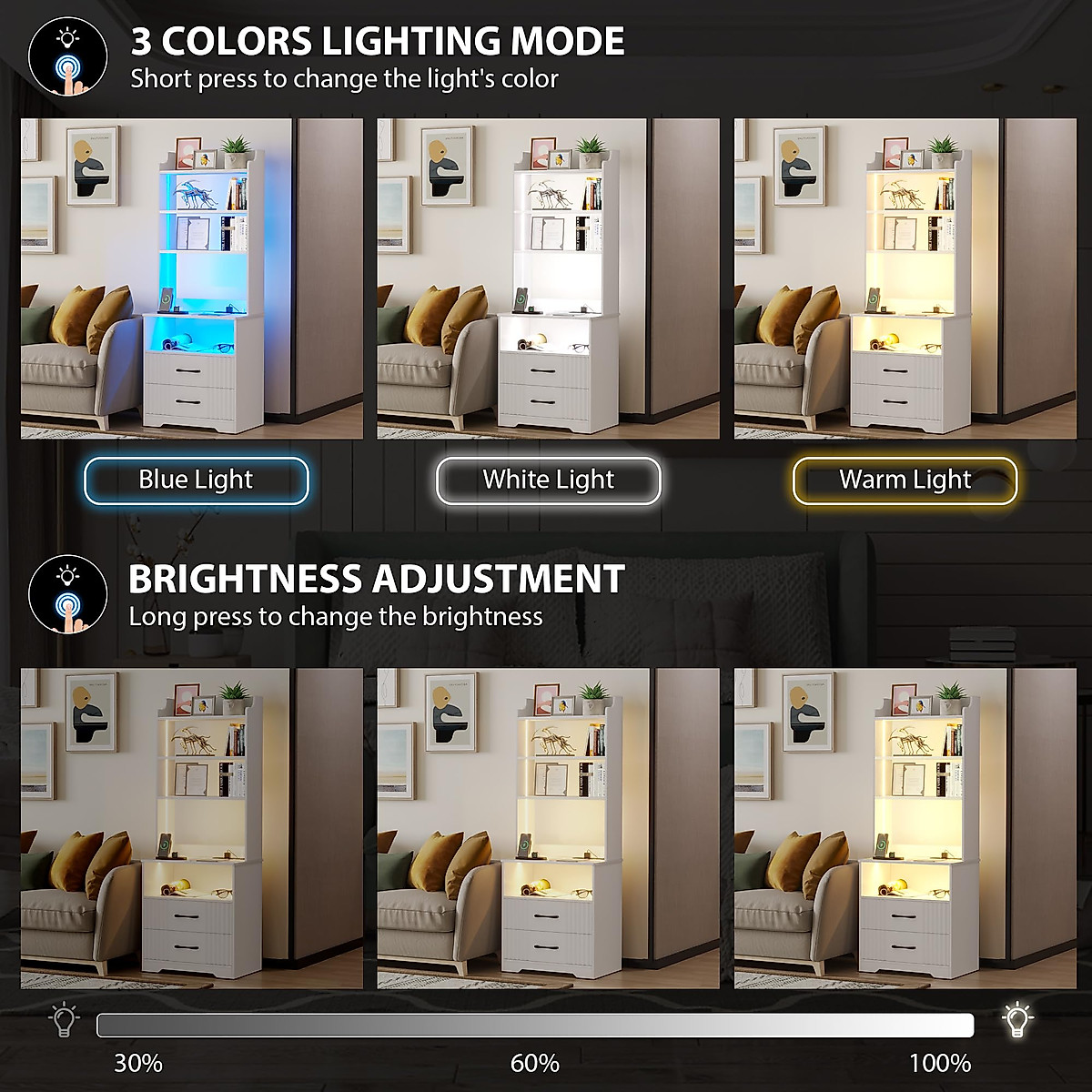 Vlsrka Tall Nightstand with Charging Station, 54" Smart Nightstand with LED Lights, Modern Night Stand with Bookshelf, Bedside Tables with Storage Cabinet for Bedroom, White