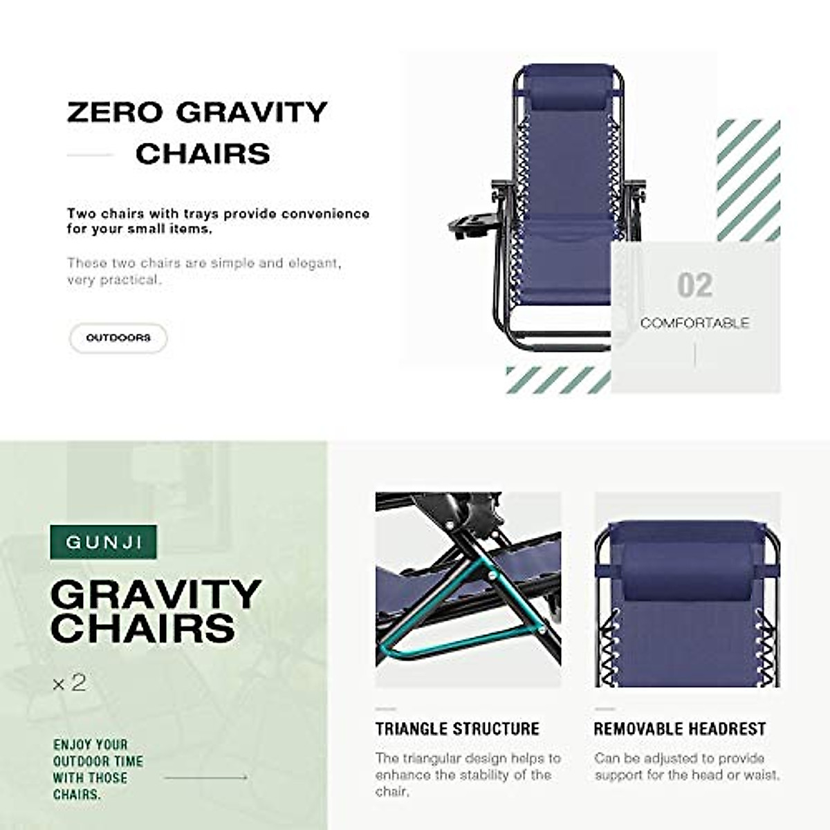 GUNJI Zero Gravity Chair Outdoor Lawn Folding Lounge Chairs Adjustable Reclining Patio Chairs Set of 2 with Cup Holder Lounge Gravity Chairs for Poolside, Backyard, Beach and Camping (Blue)