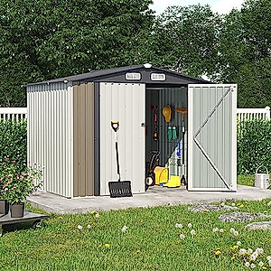OC Orange-Casual 8 x 6 FT Outdoor Storage Shed, Metal Garden Tool Shed, Outside Sheds & Outdoor Storage Galvanized Steel w/Lockable Door for Backyard, Patio, Lawn, White & Brown