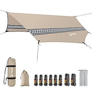VILLEY Hammock Tent Rain Fly, Octagonal Waterproof Camping Tarp, Sun Shelter for Camping, Backpacking, Hiking, Accessory Includes Stakes, Ropes and Carry Bag (Khaki)
