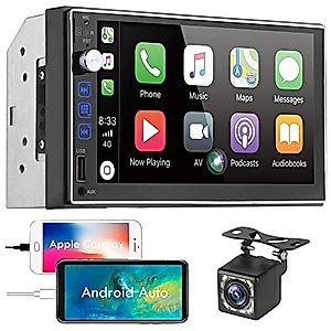 Double Din Car Stereo with Apple CarPlay & Android Auto - 7" Touchscreen Car Radio with Backup Camera and Mirror Link - Bluetooth Audio (Wired carplay)