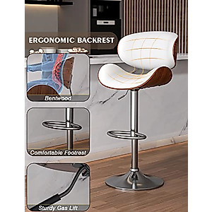 YaFiti Bar Stools Set of 2, Bentwood Adjustable Height Swivel Bar Stools, PU Leather Upholstered Bar Chair with Back and Footrest for Bar, Kitchen, Dining Room
